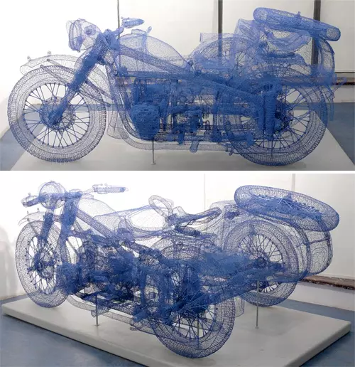 Asul na CJ750, Isang Wireframe na Motorsiklo na May Sidecar Sculpture 23093_1